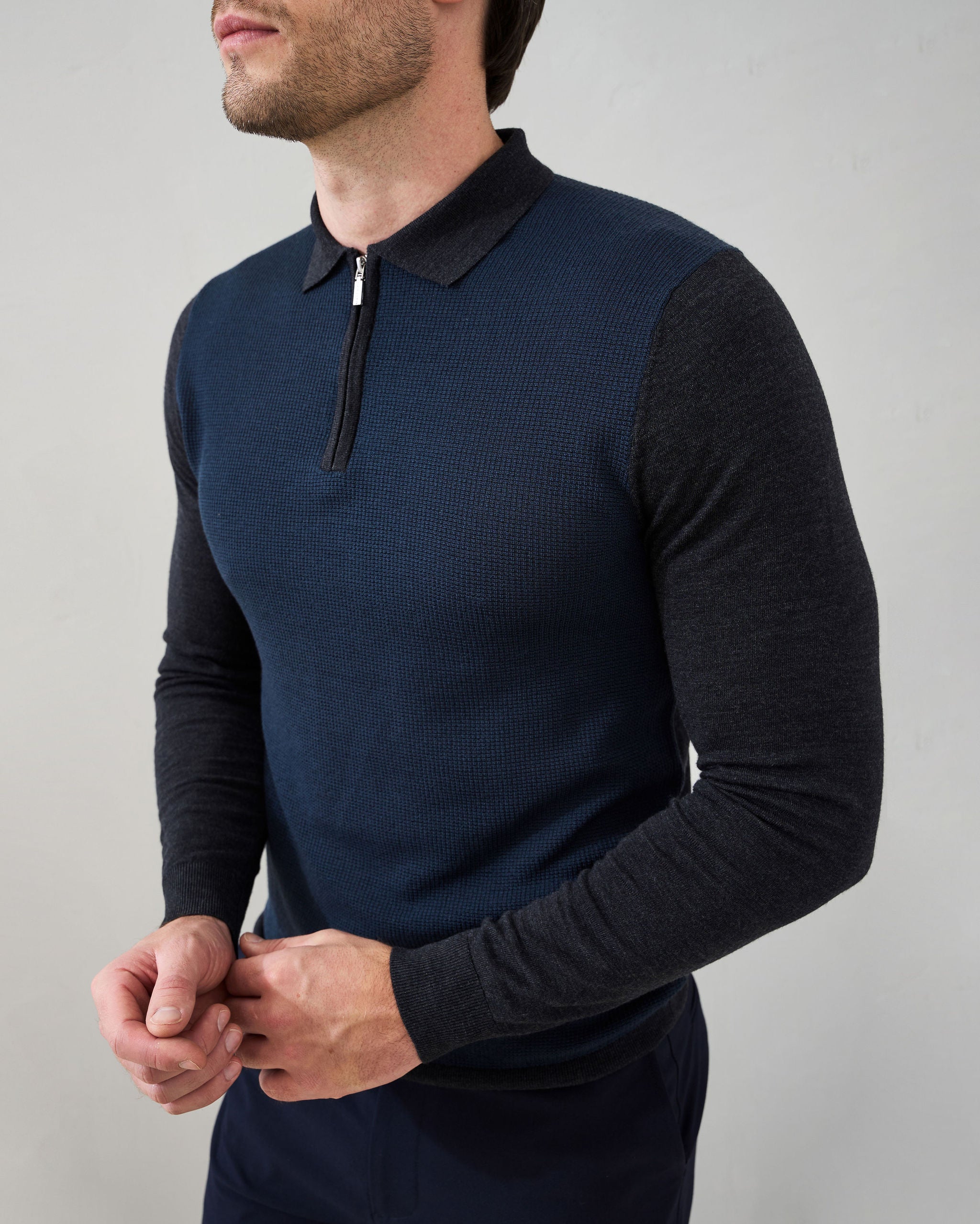 Micro Stitch 'Pazzano' Polo in Charcoal/Midnight Blue (06/11/25) – Malenzo
