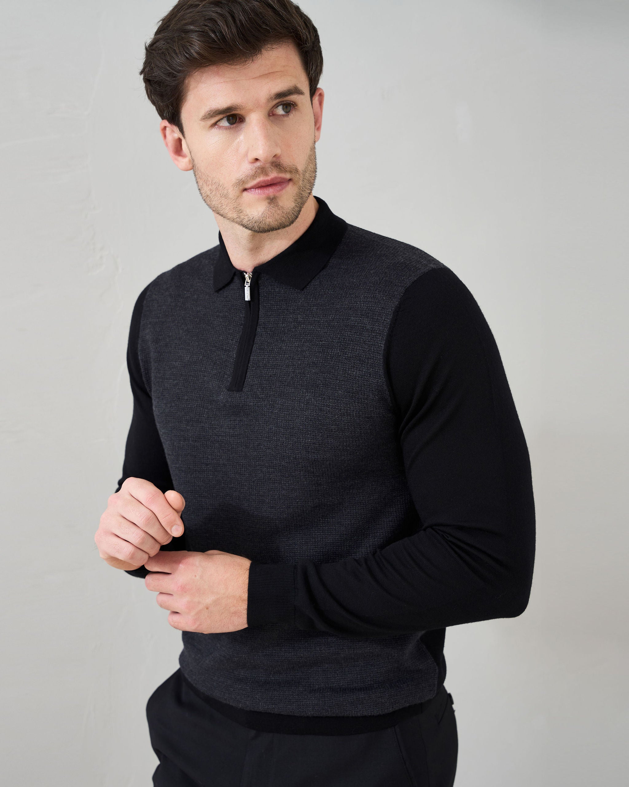 Micro Stitch 'Pazzano' Polo in Black/Charcoal – Malenzo