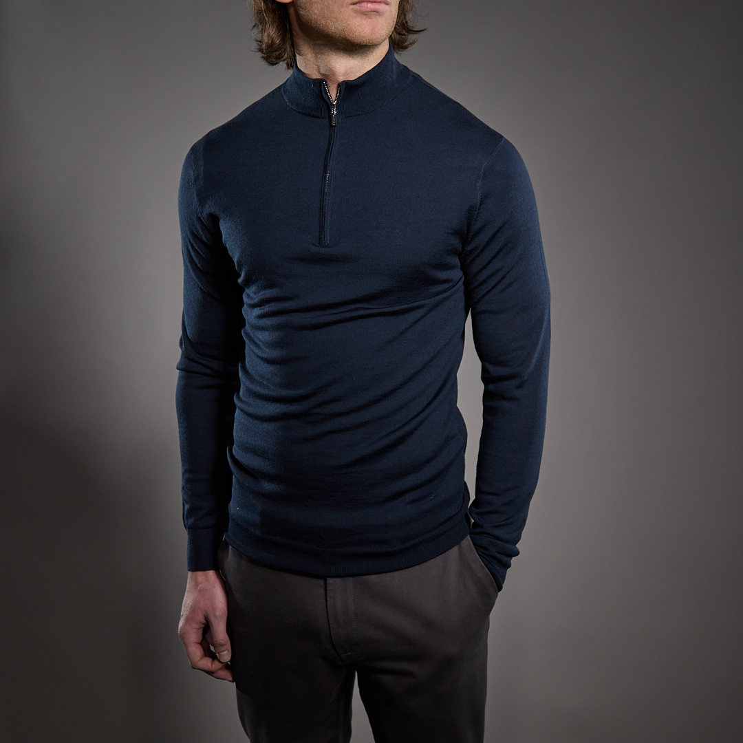 Slim Fit 'Amalfi' 1/4 Zip Pullover In Navy – Malenzo