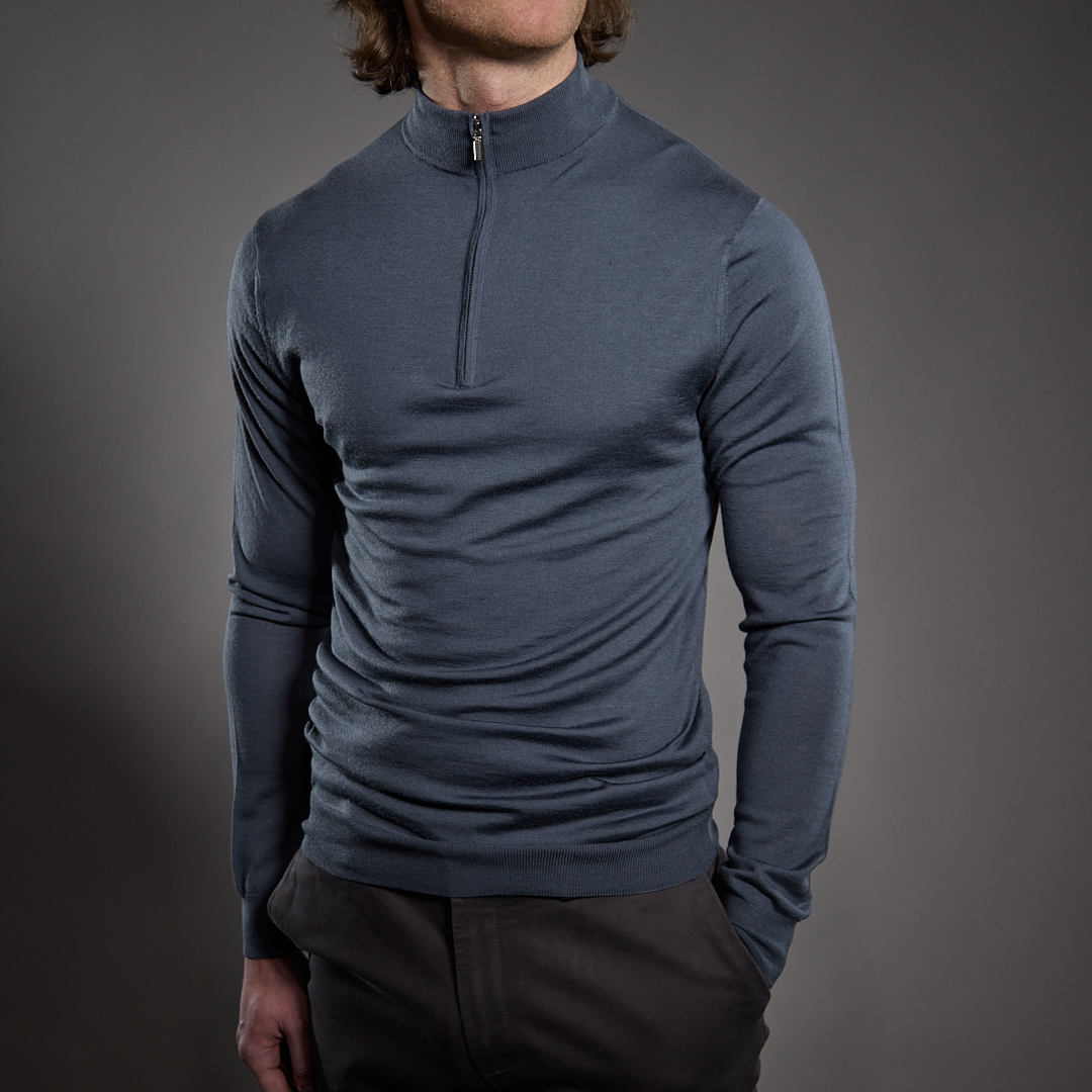 Slim Fit 'Amalfi' 1/4 Zip Pullover In Steel Blue – Malenzo